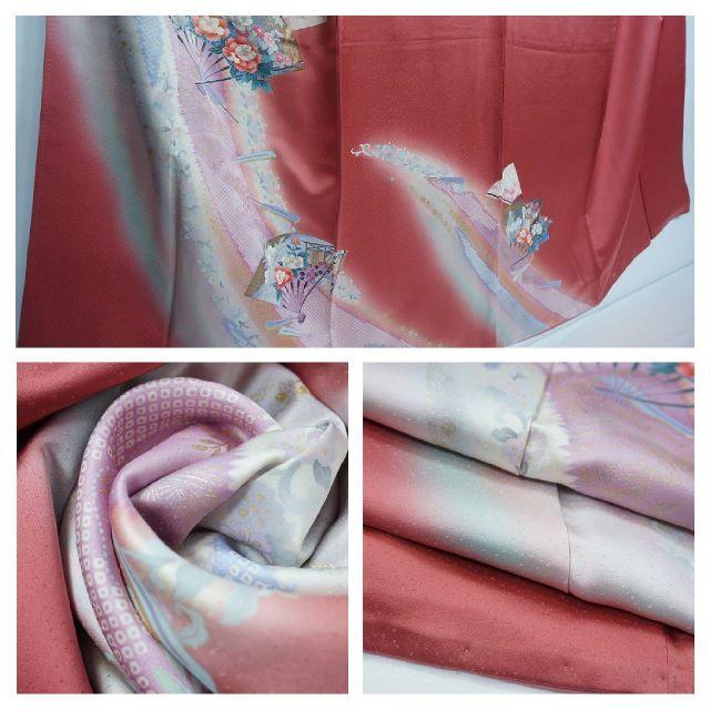 美品 友禅 綸子 訪問着 牡丹 扇 正絹 金銀箔 金彩 浅緋色 116 美品 友禅 綸子 訪問着 牡丹 扇 正絹 金銀箔 金彩 浅緋色 116