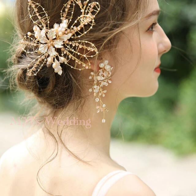 ヘアアクセサリー ピンクゴールド 結婚式 小枝 フラワー花 ヘアアクセサリー ピンクゴールド 結婚式 小枝 フラワー花