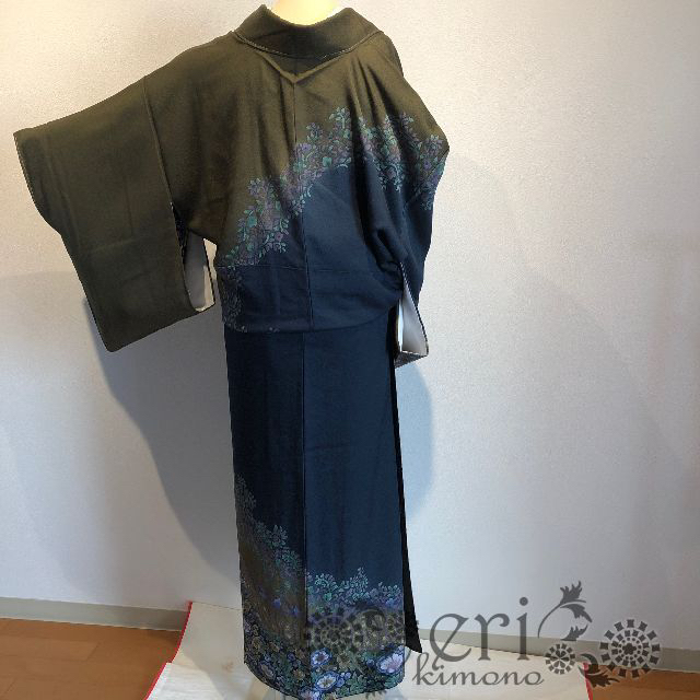 逸品!!トールサイズ辻が花風】しつけ糸付き!茶緑色に金彩など♡ 逸品!!トールサイズ辻が花風】しつけ糸付き!茶緑色に金彩など♡