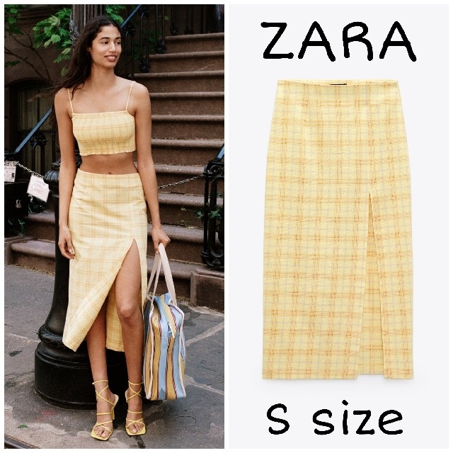 ZARA - ZARA チェック柄ミディスカート Sサイズ イエローの通販 ZARA - ZARA チェック柄ミディスカート Sサイズ イエローの通販