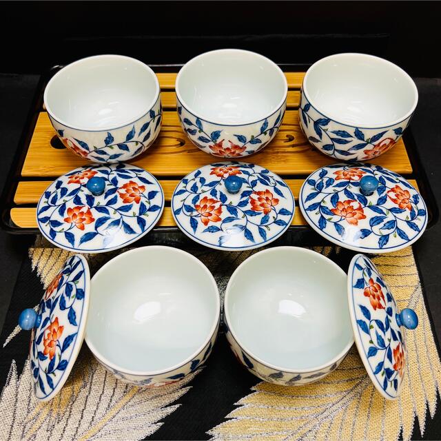 有田焼 源右衛門窯 染錦花唐草 蓋付き茶碗 5客 有田焼 源右衛門窯 染錦花唐草 蓋付き茶碗 5客