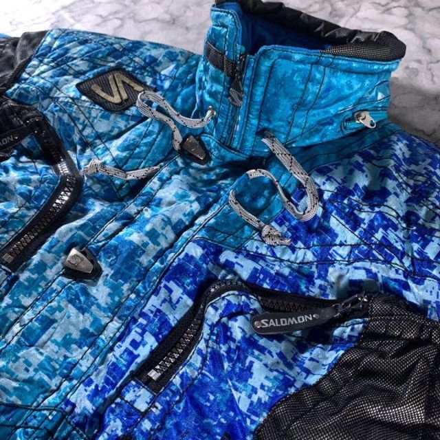 00s SALOMON スノボ 総柄 中綿 テック ジャケット ブルゾン 青 黒 00s SALOMON スノボ 総柄 中綿 テック ジャケット ブルゾン 青 黒