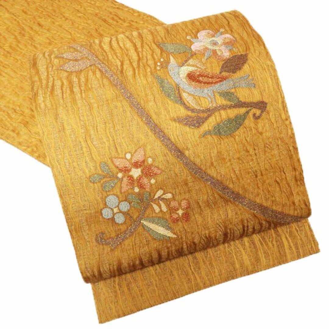 袋帯 中古 リサイクル よろけ織 花鳥の図 飴色 多色 金 A854-9 帯 袋帯 中古 リサイクル よろけ織 花鳥の図 飴色 多色 金 A854-9 帯