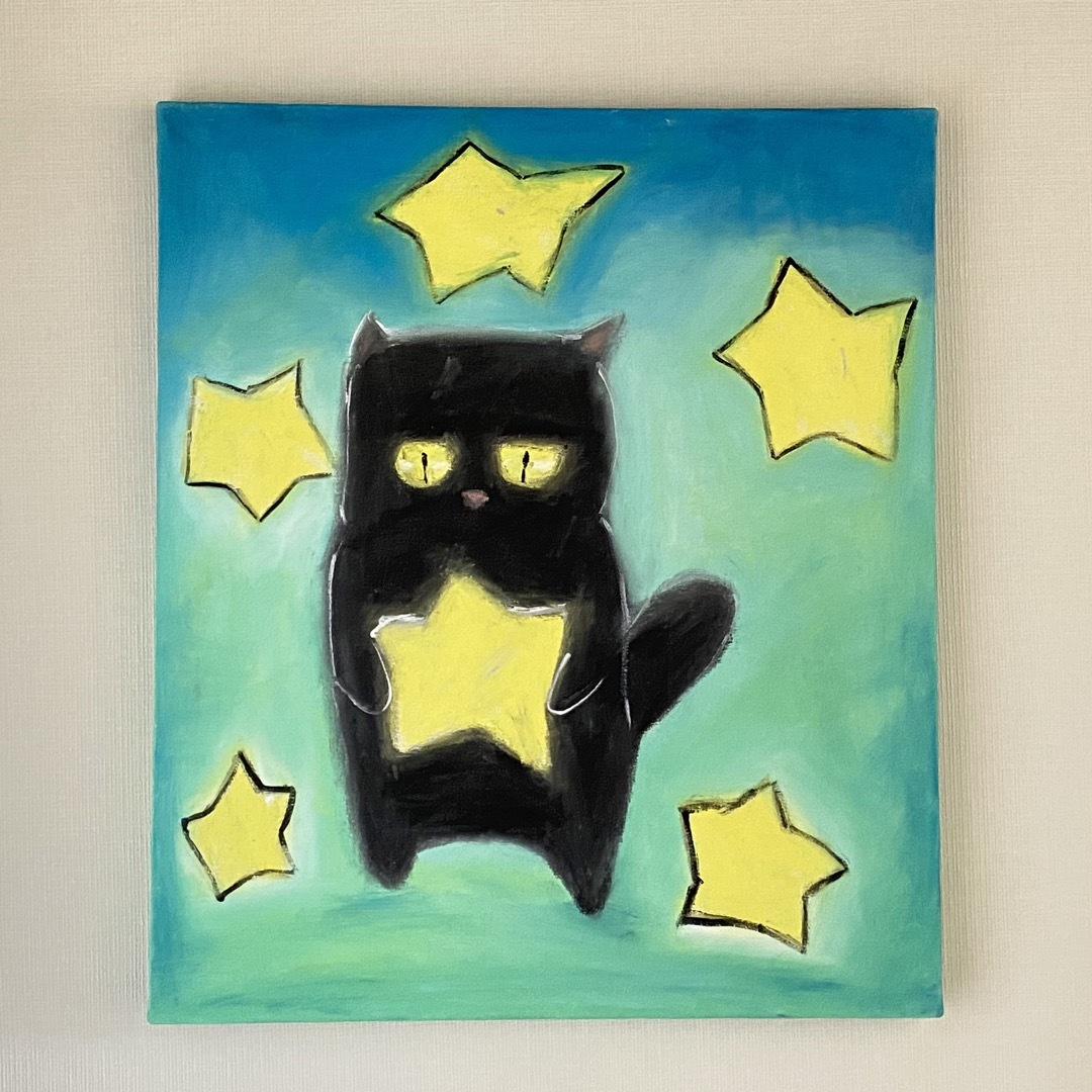 絵画。原画☆キャンバス F10【夜、黒猫が星を抱いて願い事をする】 絵画。原画☆キャンバス F10【夜、黒猫が星を抱いて願い事をする】