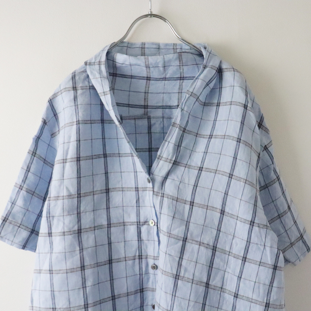 美品 エブール ebure リネン チェックシャツ 36/サックスブルー 美品 エブール ebure リネン チェックシャツ 36/サックスブルー