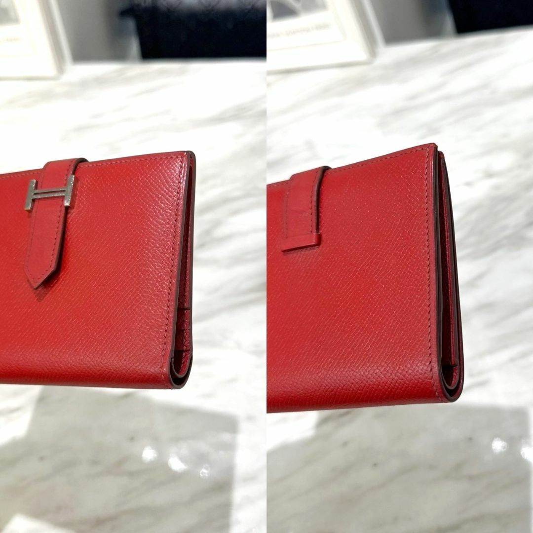 HERMES - エルメス ベアン コンパクト 赤 エプソン 折り財布 □J HERMES - エルメス ベアン コンパクト 赤 エプソン 折り財布 □J