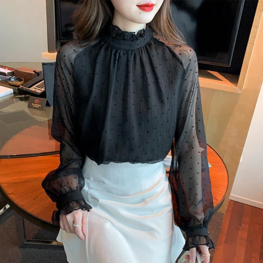 シフォンブラウス ドット柄 綺麗めスタイル シースルー シフォンブラウス ドット柄 綺麗めスタイル シースルー
