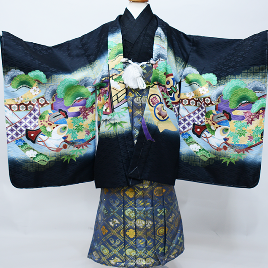 七五三 五歳 男児 羽織袴フルセット 金刺繍 黒地 鷹 袴変更可 七五三 五歳 男児 羽織袴フルセット 金刺繍 黒地 鷹 袴変更可