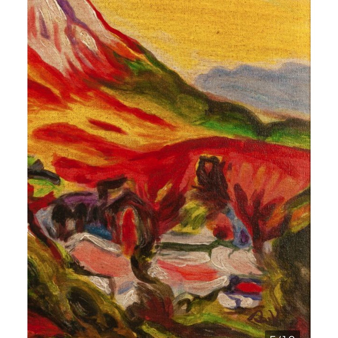 梅原龍三郎油彩 手描き『桜島』 表裏サイン(印譜) 中川一政鑑定 梅原龍三郎油彩 手描き『桜島』 表裏サイン(印譜) 中川一政鑑定
