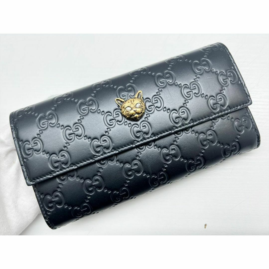 レア美品GUCCIグッチシマリネアキャット二つ折り長財布黒GG柄 レア美品GUCCIグッチシマリネアキャット二つ折り長財布黒GG柄