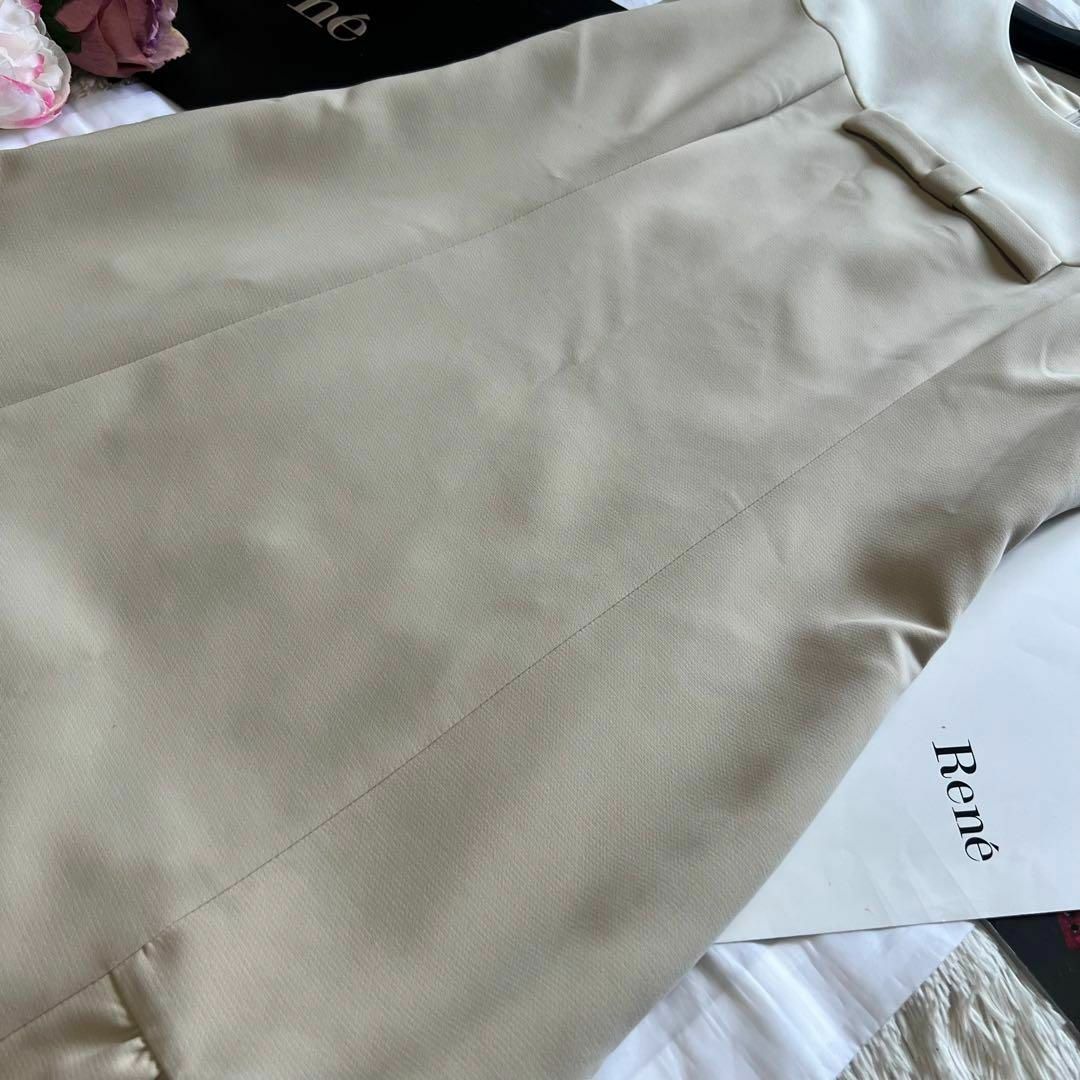 美品】Rene 膝丈ワンピース ホワイト ベージュ バイカラー 36 リボン 美品】Rene 膝丈ワンピース ホワイト ベージュ バイカラー 36 リボン