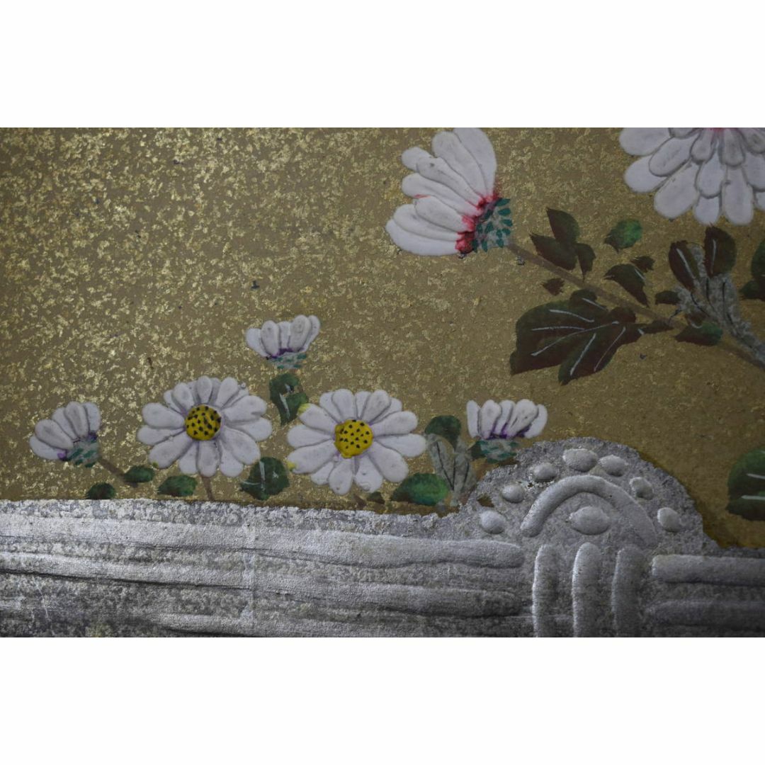 模写】伊藤若冲/菊図/屏風ハガシ/二曲用マクリです/掛軸☆宝船 模写】伊藤若冲/菊図/屏風ハガシ/二曲用マクリです/掛軸☆宝船