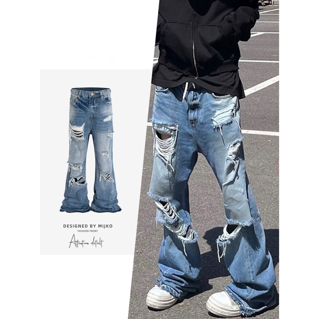 Rick Owens - ダメージ フレアシルエットデニム ベルボトムの Rick Owens - ダメージ フレアシルエットデニム ベルボトムの