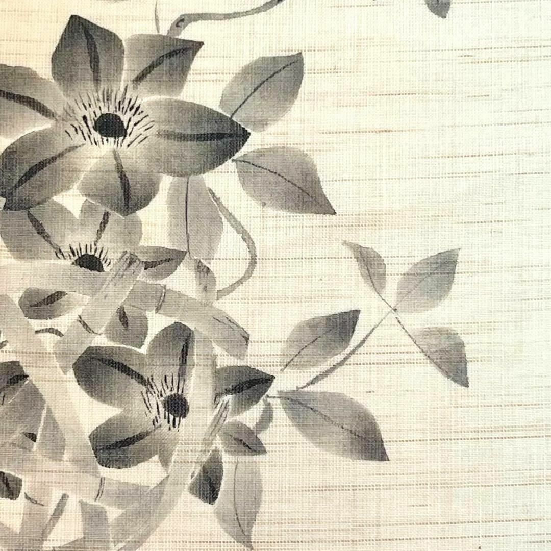 夏帯 名古屋帯 手描き 墨描き 麻 丸い花籠に花模様 鳥の子色 O-3704 夏帯 名古屋帯 手描き 墨描き 麻 丸い花籠に花模様 鳥の子色 O-3704