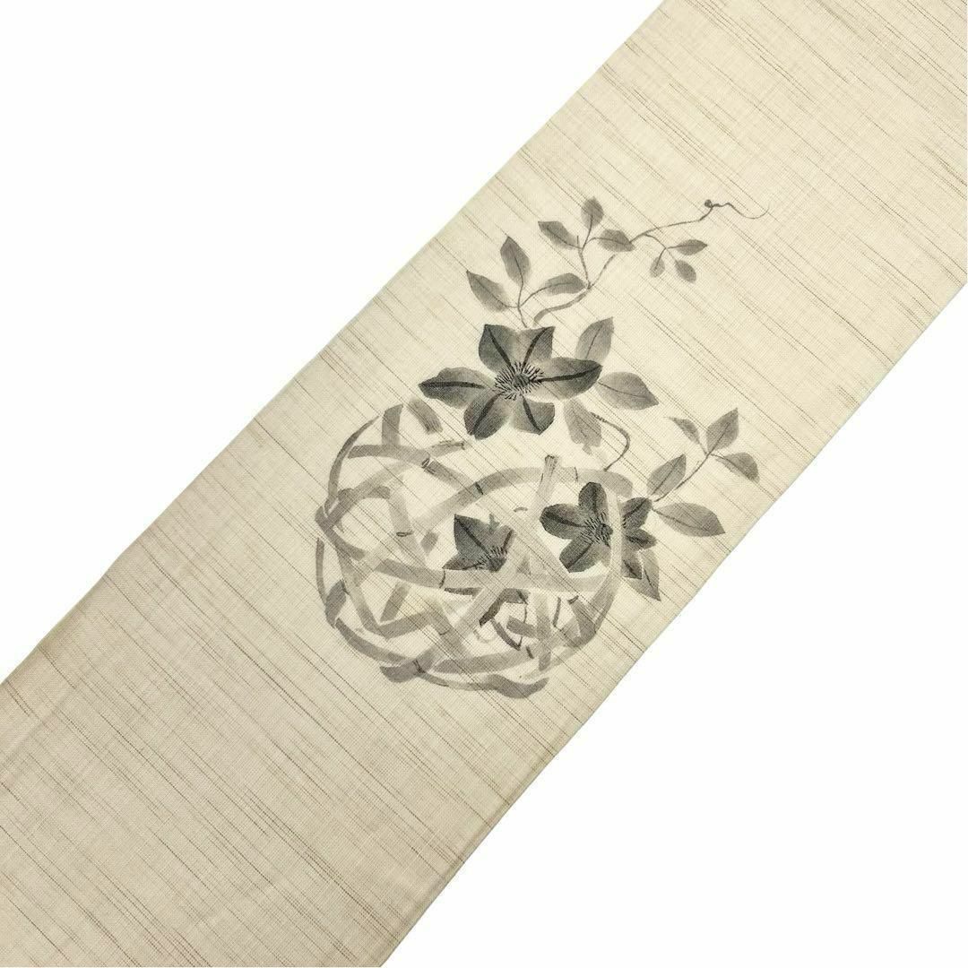 夏帯 名古屋帯 手描き 墨描き 麻 丸い花籠に花模様 鳥の子色 夏帯 名古屋帯 手描き 墨描き 麻 丸い花籠に花模様 鳥の子色