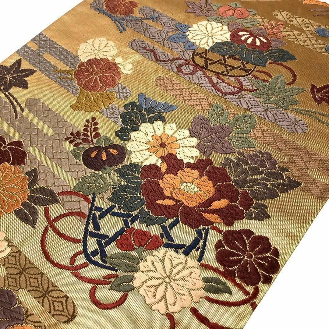 袋帯 唐織 エ霞に四季の花々 楓 橘 牡丹 菊 花籠 O-1414 袋帯 唐織 エ霞に四季の花々 楓 橘 牡丹 菊 花籠 O-1414