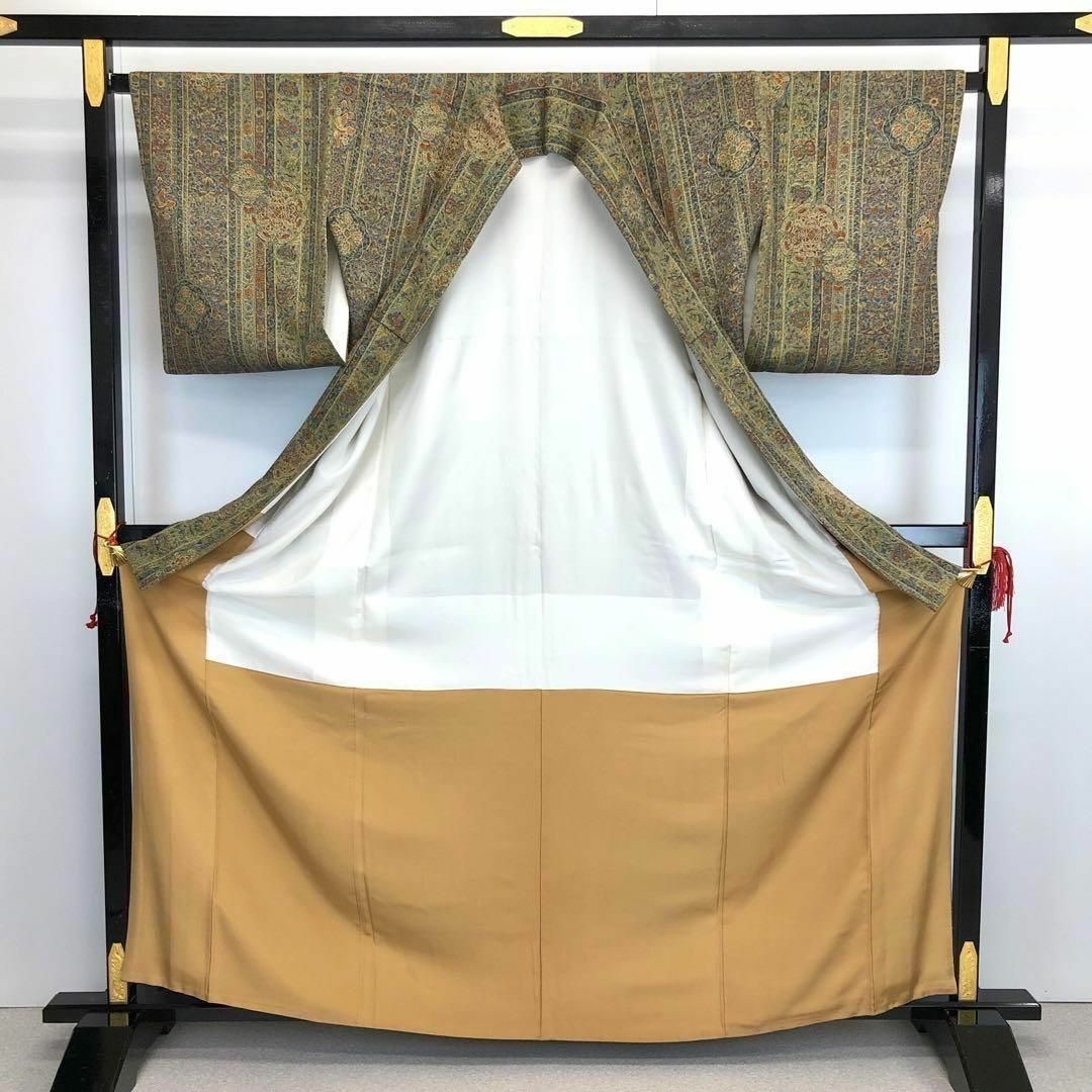小紋 縦柄花鳥更紗模様 美しい色彩 ますいわ屋誂 海松色 縮緬 K-3464 小紋 縦柄花鳥更紗模様 美しい色彩 ますいわ屋誂 海松色 縮緬 K-3464