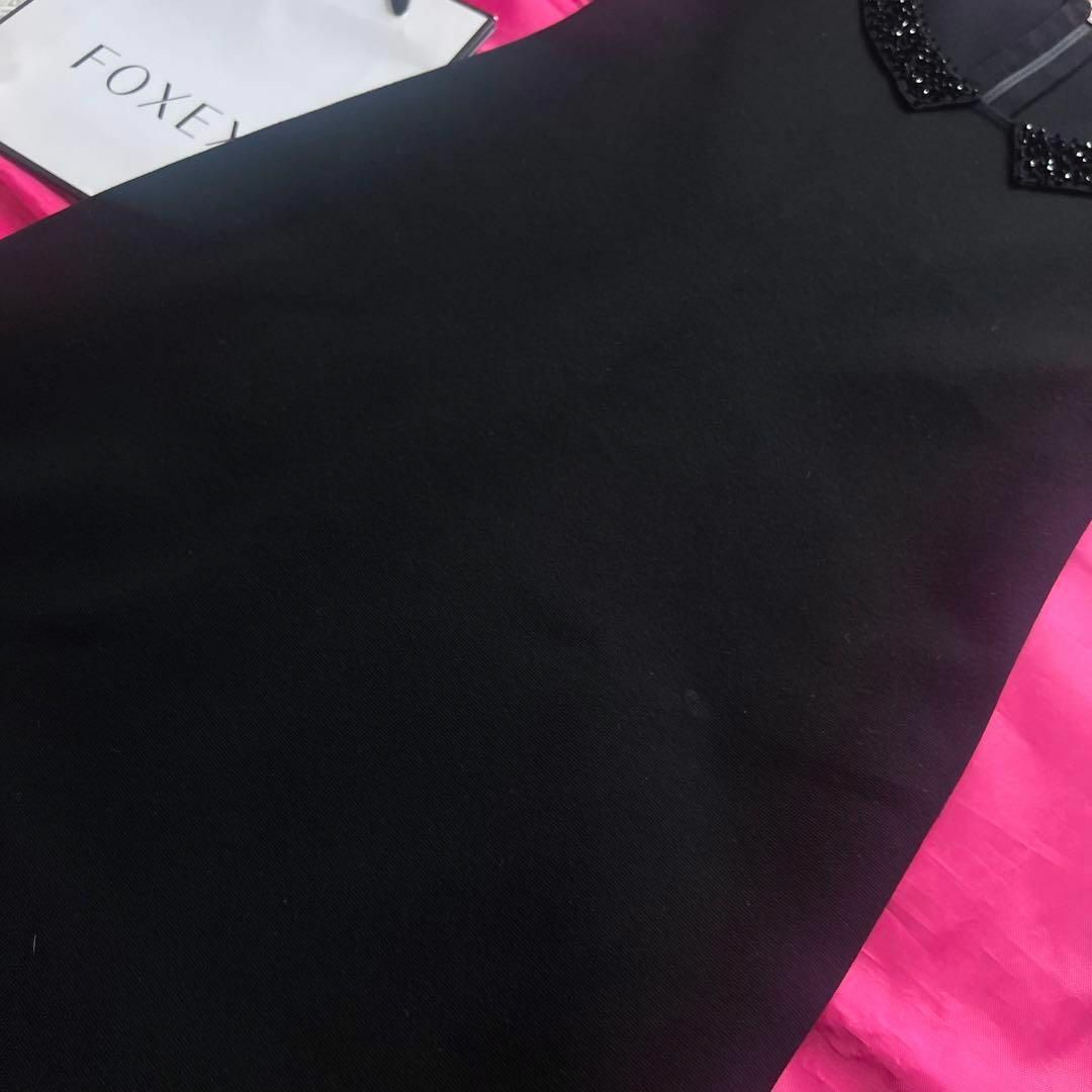 美品】FOXEY 膝丈ワンピース ブラック 38 サマーニット ビジュー 美品】FOXEY 膝丈ワンピース ブラック 38 サマーニット ビジュー