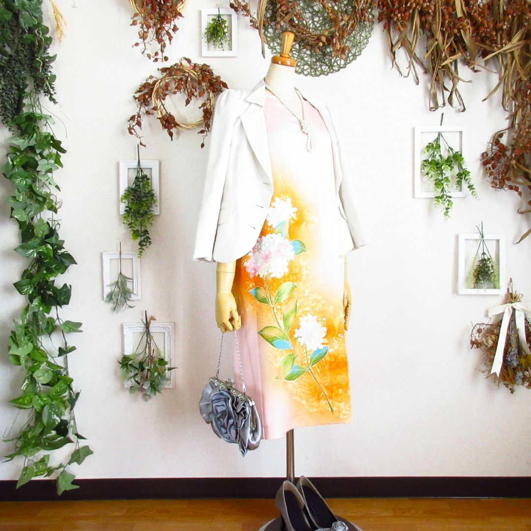 大きめサイズ】着物ドレス◎紫陽花◎細見え縦長シルエットオール 大きめサイズ】着物ドレス◎紫陽花◎細見え縦長シルエットオール
