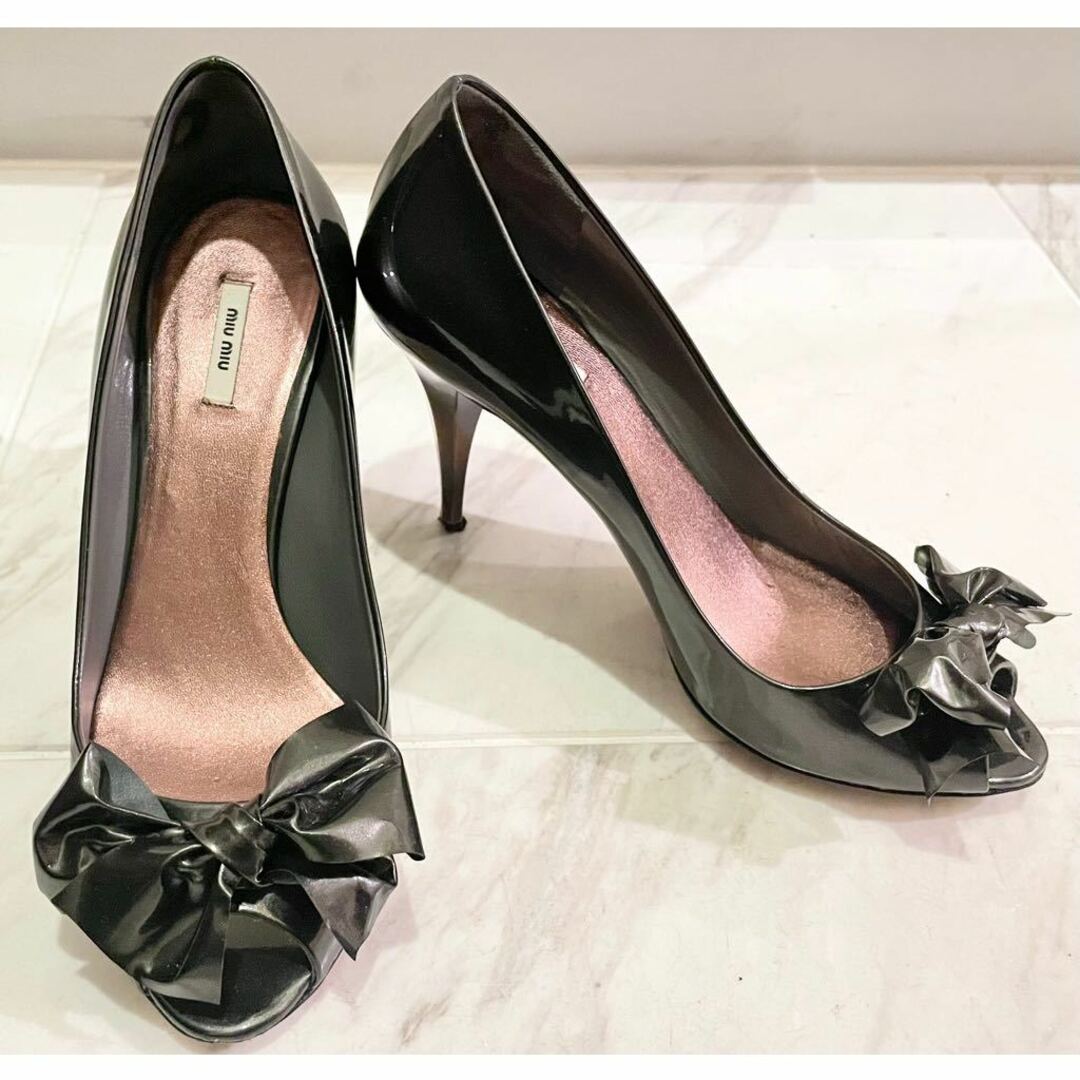 ミュウミュウmiu miuパテントレザーリボンハイヒール#35黒, ミュウミュウmiu miuパテントレザーリボンハイヒール#35黒,