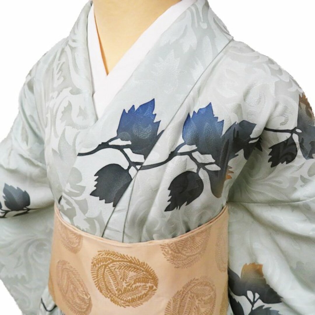 小紋 着物 正絹 単衣 カジュアル 地模様 葉っぱ模様 白緑色 多色 小紋 着物 正絹 単衣 カジュアル 地模様 葉っぱ模様 白緑色 多色