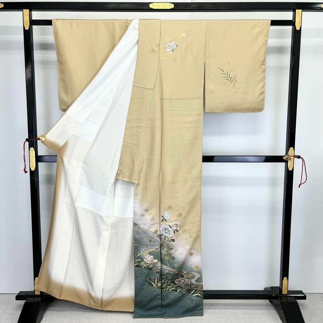 付下げ 薔薇と桜の花模様 流水 螺鈿 丹後縮緬 金銀彩 草木染 K-3775 付下げ 薔薇と桜の花模様 流水 螺鈿 丹後縮緬 金銀彩 草木染 K-3775