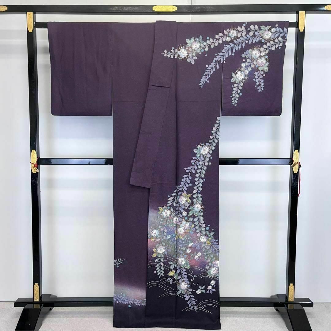 訪問着 美しい辻が花絞り パステル色の暈し 金彩 茄子紺色 K 訪問着 美しい辻が花絞り パステル色の暈し 金彩 茄子紺色 K