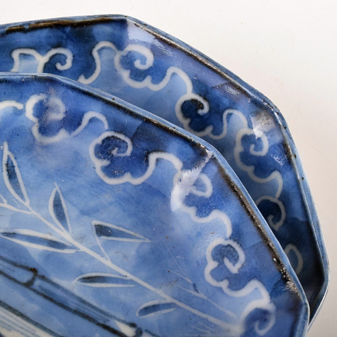 伊万里焼 古伊万里 染付 竹文 八角小皿 七客 時代箱付 C R7593 伊万里焼 古伊万里 染付 竹文 八角小皿 七客 時代箱付 C R7593