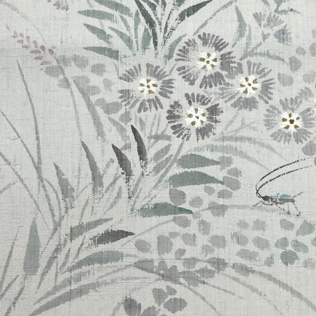 袋帯 手描き 秋花草模様に鈴虫 紬 灰色 長尺 O-3960 袋帯 手描き 秋花草模様に鈴虫 紬 灰色 長尺 O-3960
