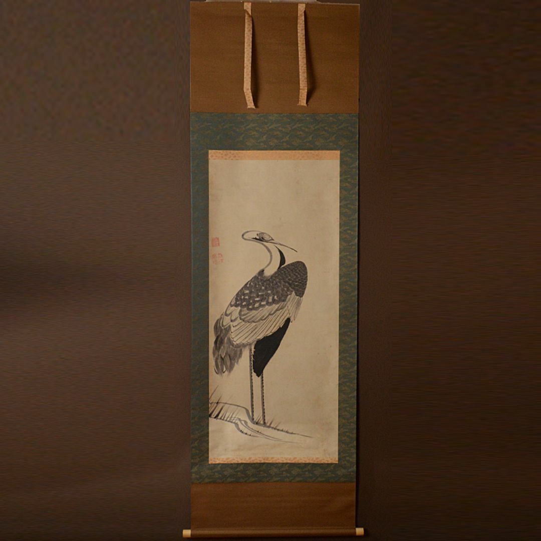 掛軸 伊藤若冲筆 水墨画 鶴図 紙本 二重箱 G R7656B 掛軸 伊藤若冲筆 水墨画 鶴図 紙本 二重箱 G R7656B