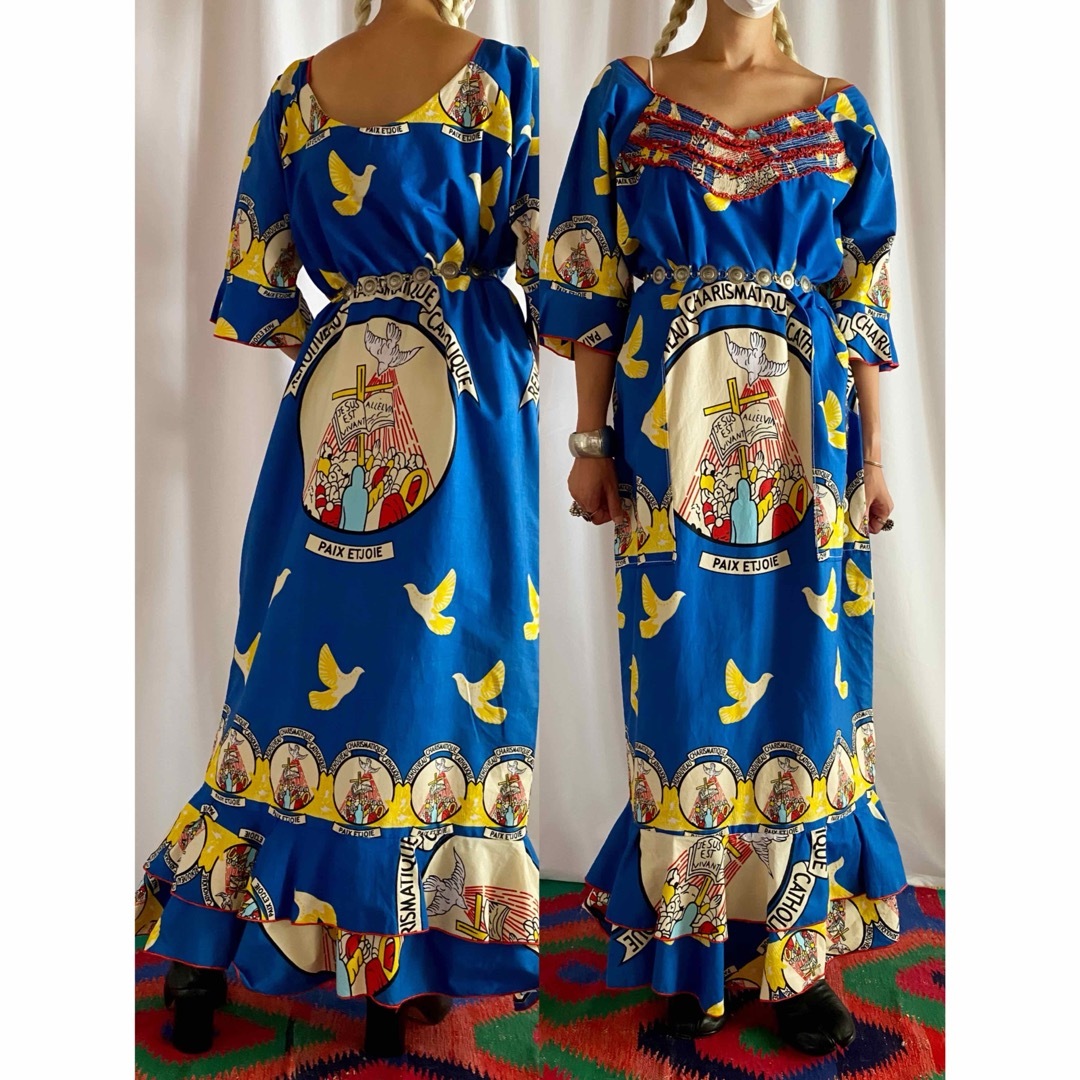 ビンテージ 70s アフリカン ドレス 鳩 平和 ピース バティック ビンテージ 70s アフリカン ドレス 鳩 平和 ピース バティック