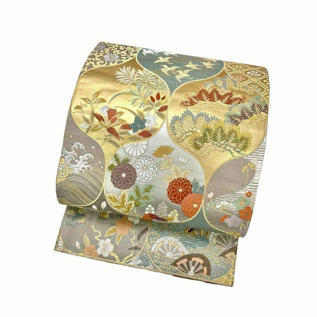 袋帯 花草模様に鳥 菊 松葉 唐草 金銀糸 遠州鼠色 O-4066 袋帯 花草模様に鳥 菊 松葉 唐草 金銀糸 遠州鼠色 O-4066