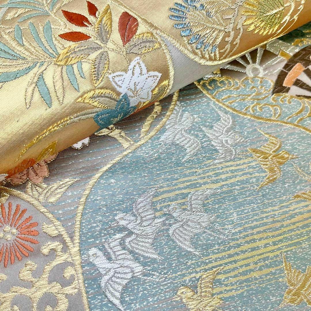 袋帯 花草模様に鳥 菊 松葉 唐草 金銀糸 遠州鼠色 O-4066 袋帯 花草模様に鳥 菊 松葉 唐草 金銀糸 遠州鼠色 O-4066