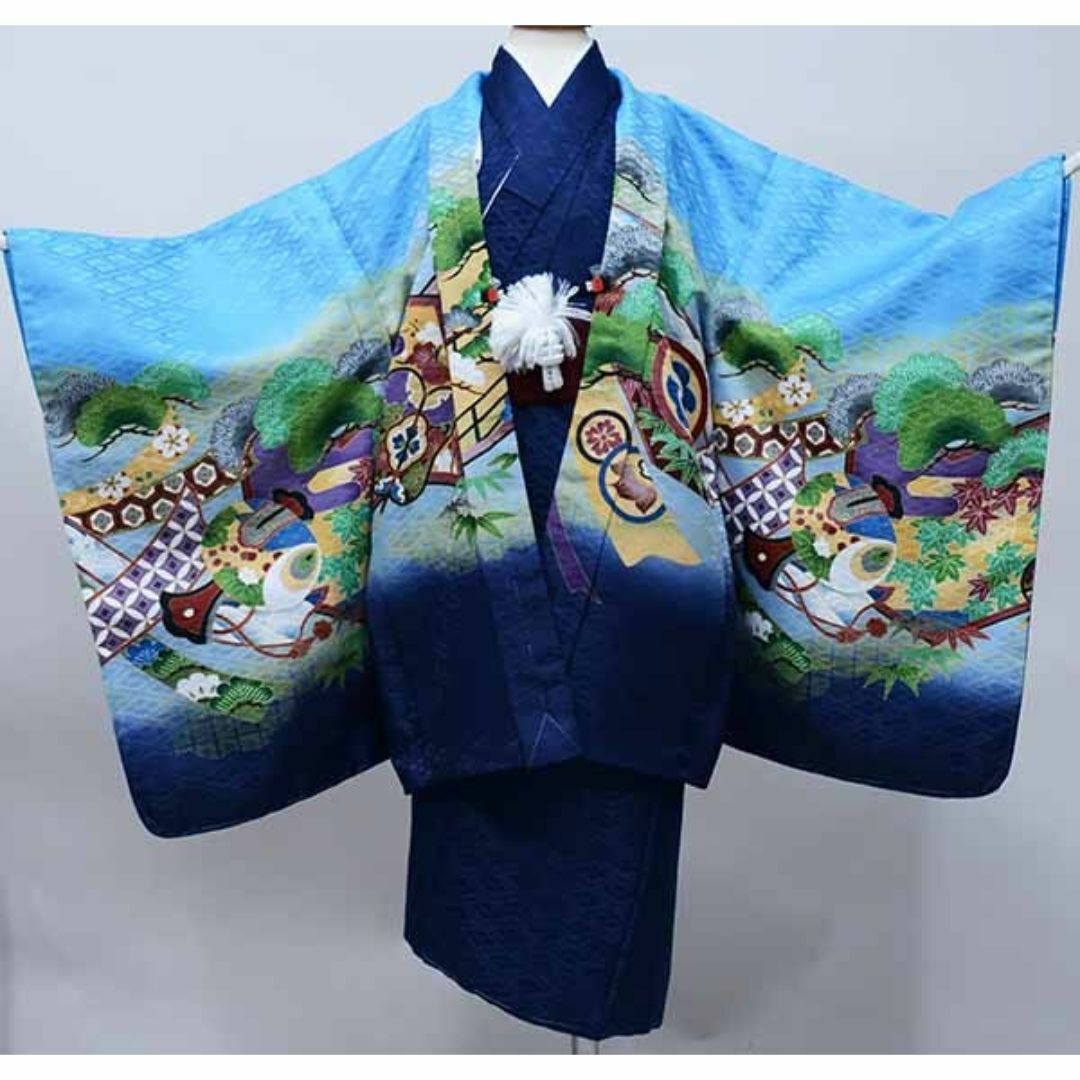 七五三 五歳 男児 羽織・着物・襦袢3点セット 綸子地 金刺繍 青地 七五三 五歳 男児 羽織・着物・襦袢3点セット 綸子地 金刺繍 青地