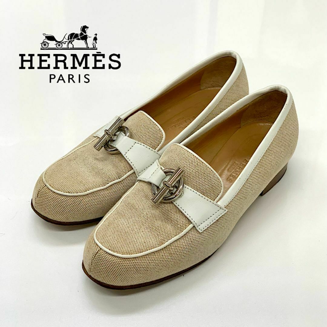 ✮美品✮HERMES エルメス ベージュ 乗っかっ キャンバス レザー ✮美品✮HERMES エルメス ベージュ 乗っかっ キャンバス レザー