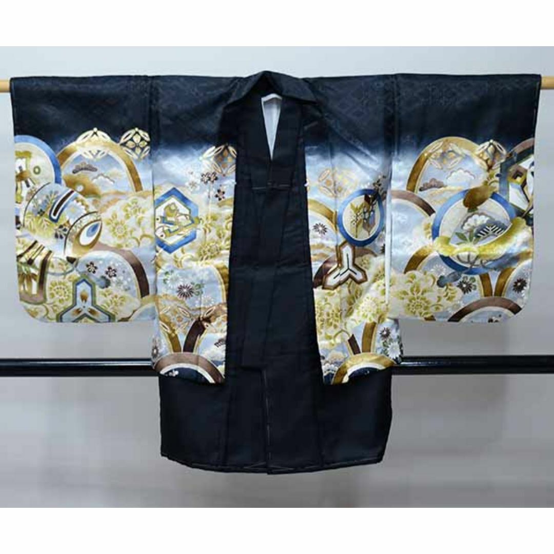 七五三 五歳 男児 羽織・着物・襦袢3点セット S寸 金刺繍 黒地 七五三 五歳 男児 羽織・着物・襦袢3点セット S寸 金刺繍 黒地