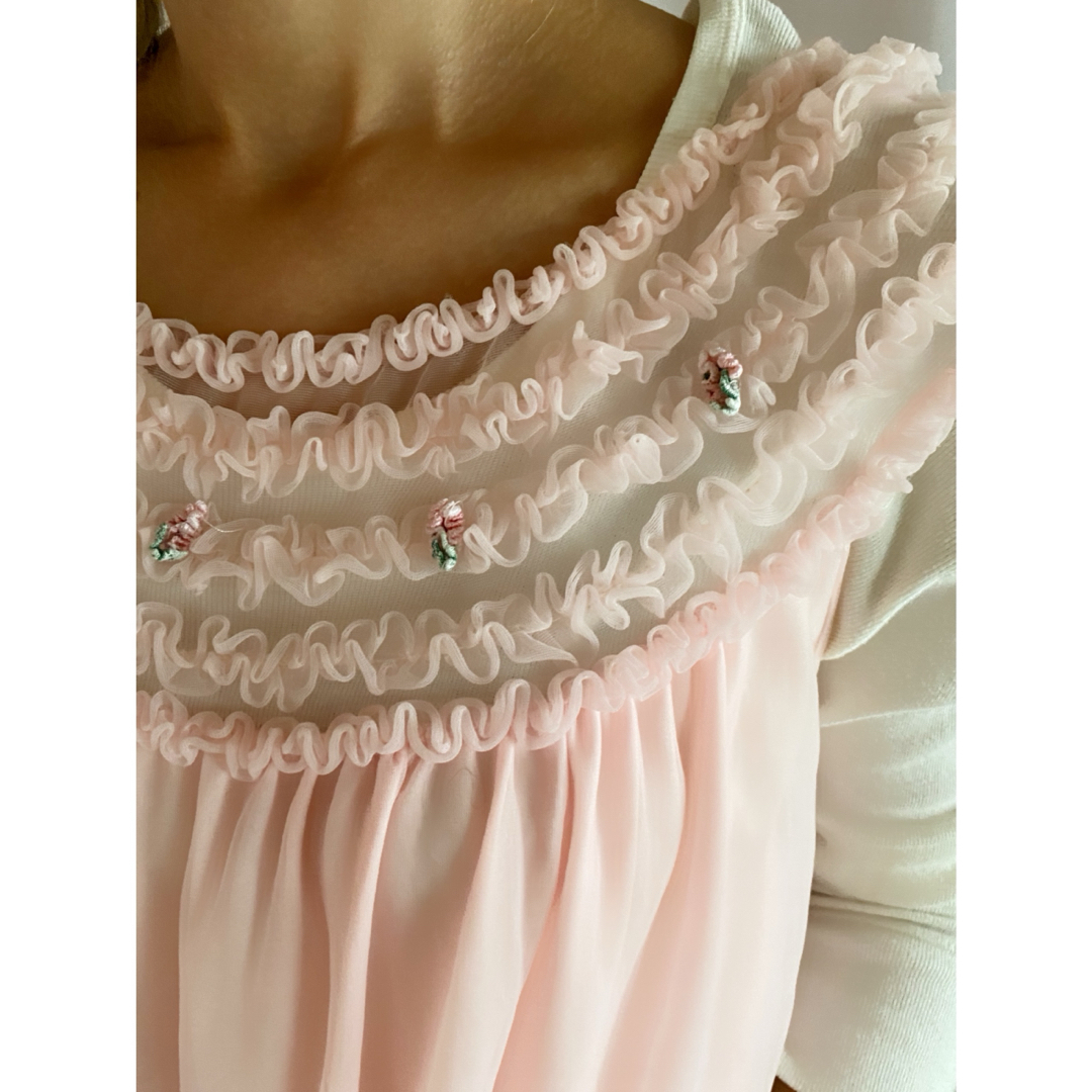 アンティーク ビンテージ 70s ピンク フリル 花 リボン アンティーク ビンテージ 70s ピンク フリル 花 リボン