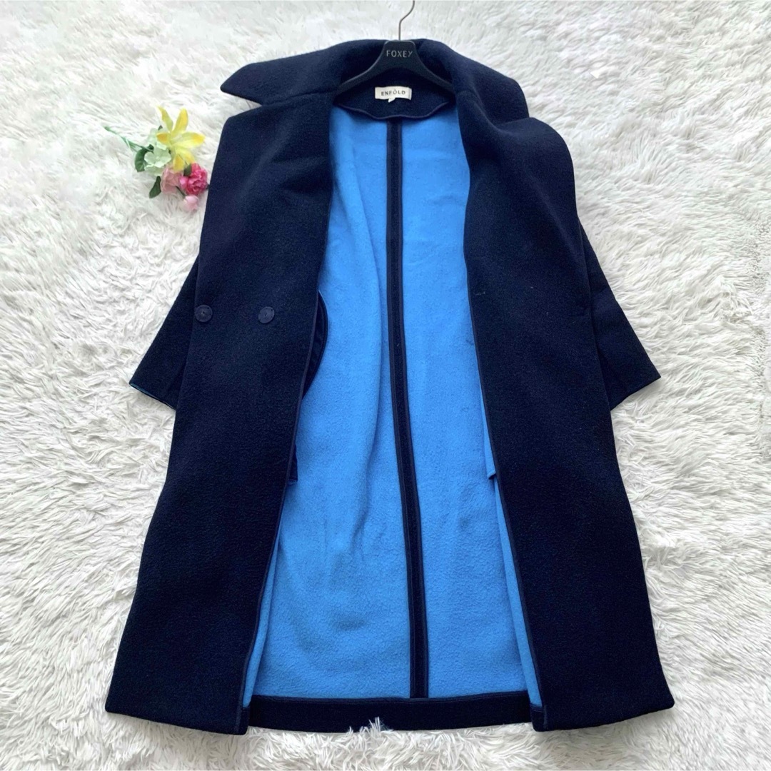 美品】エンフォルド ロングコート リバー ウール ネイビー×ブルー S 美品】エンフォルド ロングコート リバー ウール ネイビー×ブルー S