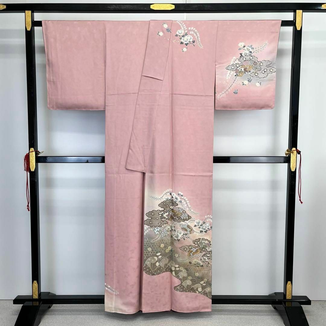 訪問着 波に雲模様 地紙 花柄模様 金彩 曙色 K-4070 訪問着 波に雲模様 地紙 花柄模様 金彩 曙色 K-4070