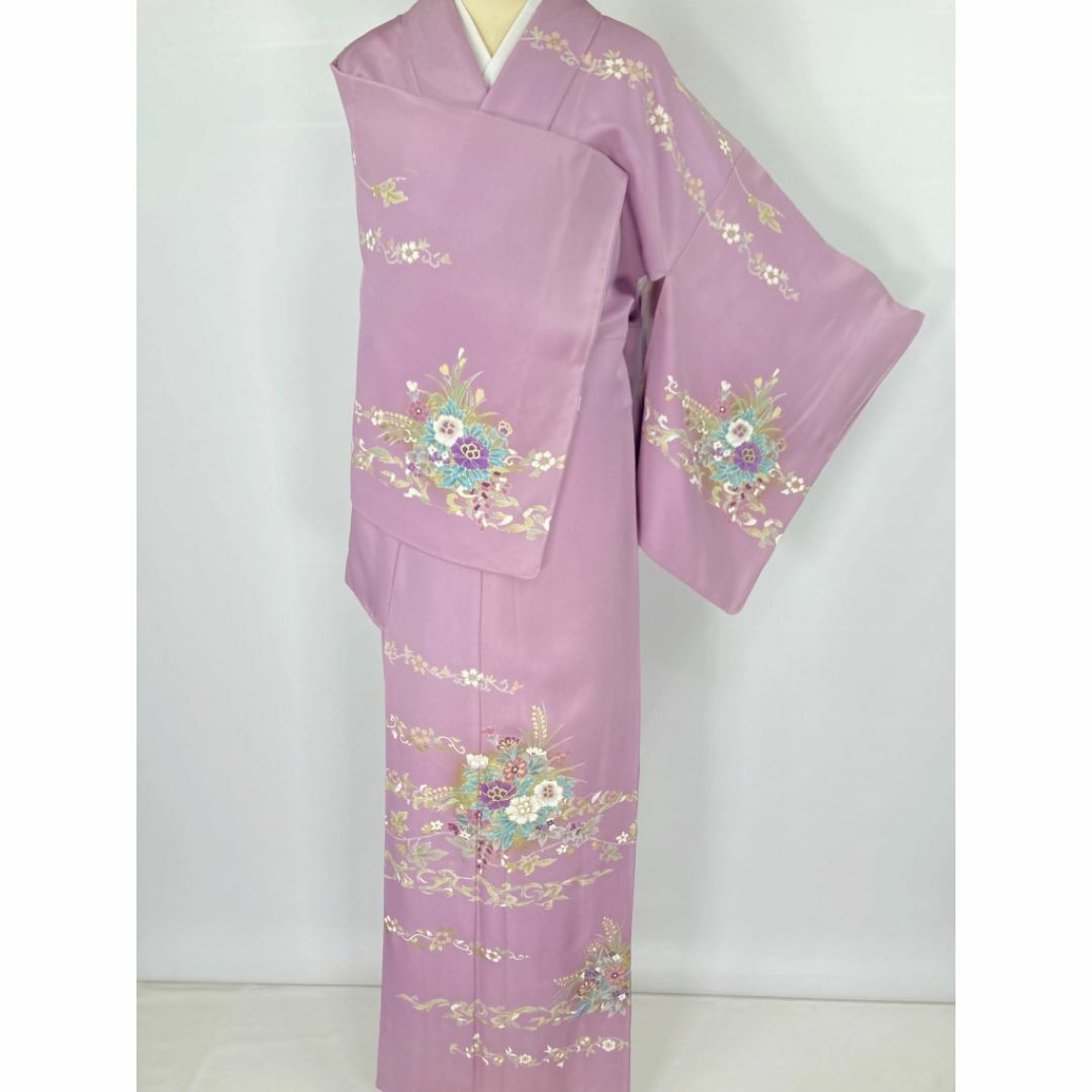 京友禅 金駒刺繍 本金箔 唐花 花柄 訪問着 袷 正絹 紫 藤色 京藤 京友禅 金駒刺繍 本金箔 唐花 花柄 訪問着 袷 正絹 紫 藤色 京藤