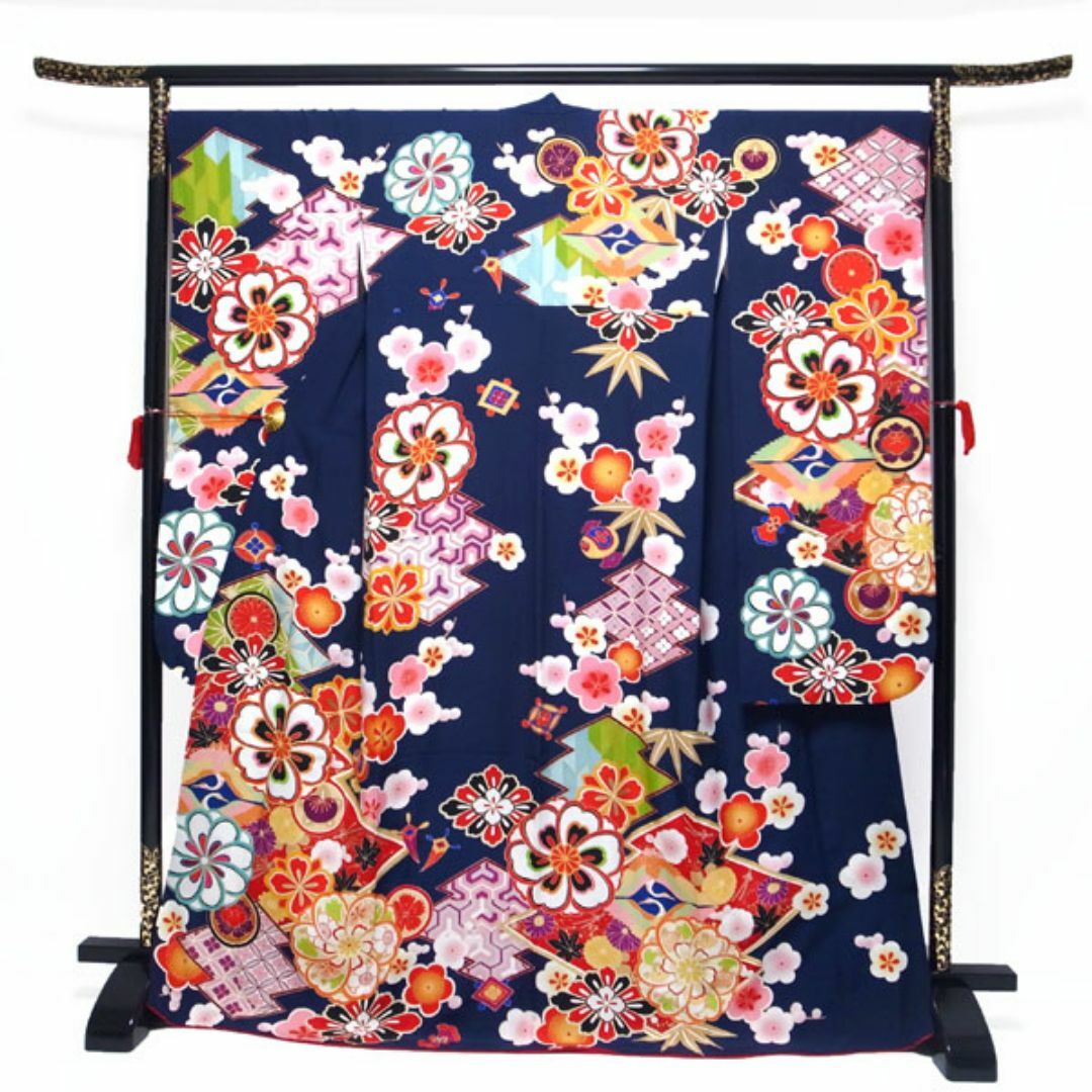 振袖 着物 袷 ネイビー 成人式 結婚式 正絹 裄68.5 L 中古 sn48 振袖 着物 袷 ネイビー 成人式 結婚式 正絹 裄68.5 L 中古 sn48