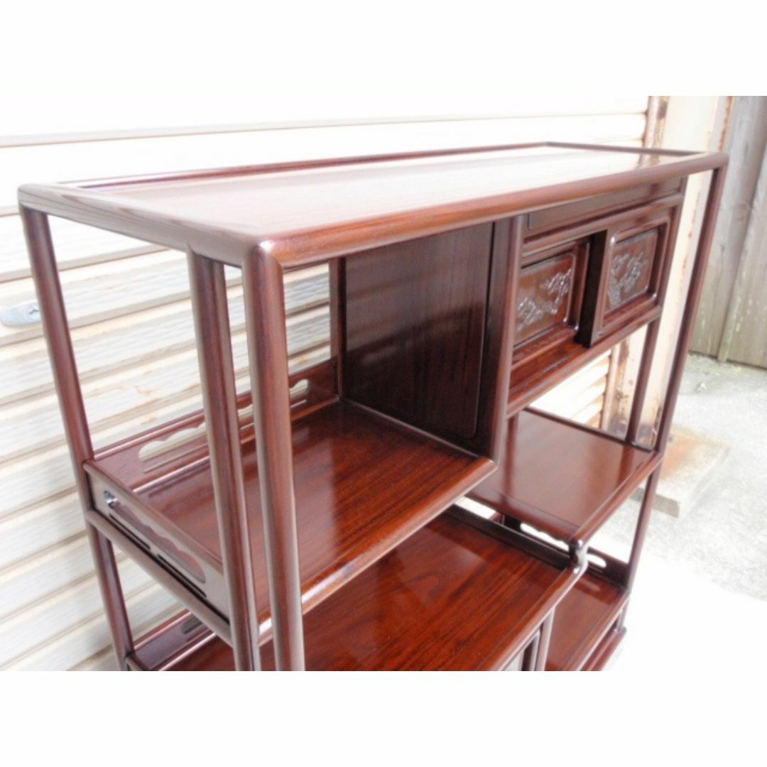 新品 93巾 松彫 花梨(カリン)無垢飾り棚 違い棚 茶棚 唐木家具 新品 93巾 松彫 花梨(カリン)無垢飾り棚 違い棚 茶棚 唐木家具