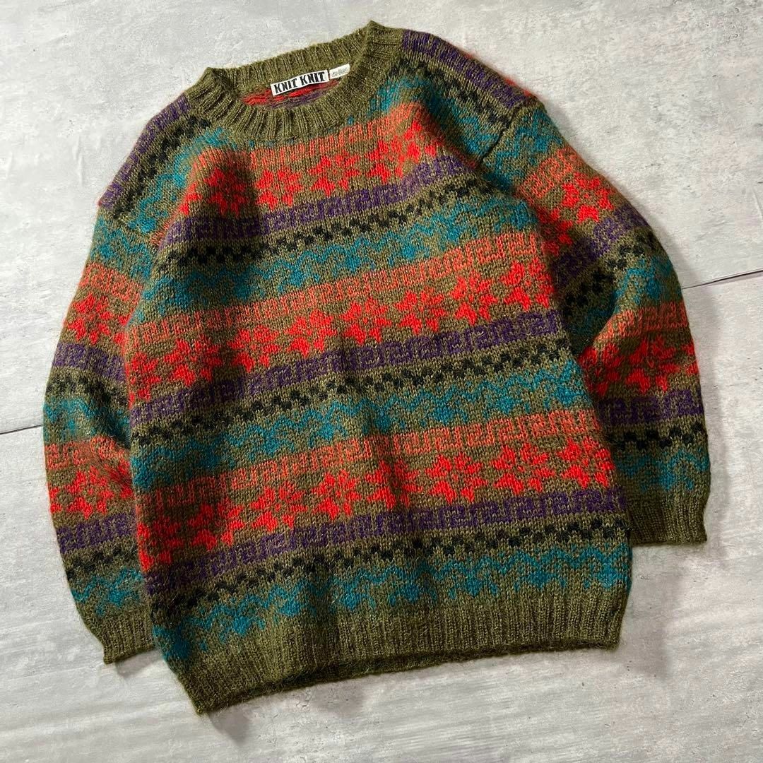 モヘア50%、フラワーボーダー】KNIT KNITニット古着90sあい モヘア50%、フラワーボーダー】KNIT KNITニット古着90sあい