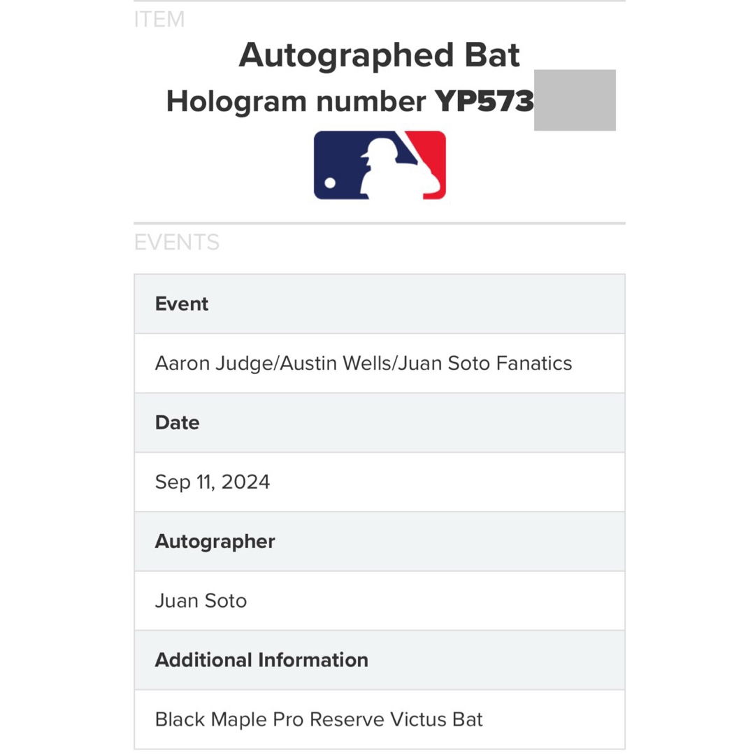 MLB - 正規品!ヤンキース ファン ソト 直筆サイン バット MLB - 正規品!ヤンキース ファン ソト 直筆サイン バット