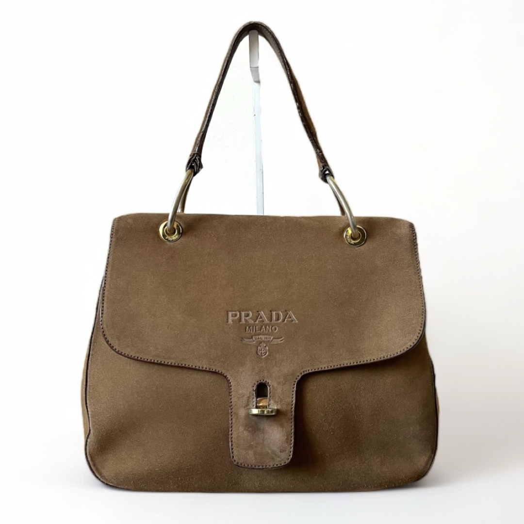PRADA スウェード ショルダーバッグ ターンロック ロゴ型押し PRADA スウェード ショルダーバッグ ターンロック ロゴ型押し