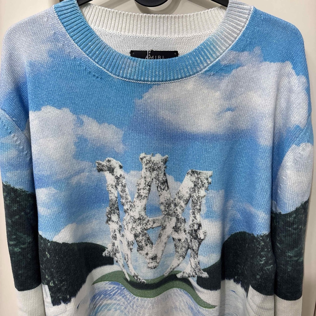 AMIRI XL PRINTED RUNWAY LOGO CREW ニット水色 AMIRI XL PRINTED RUNWAY LOGO CREW ニット水色