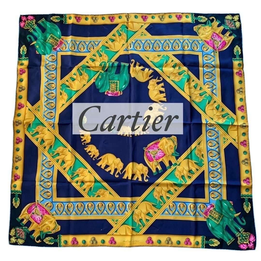 美品 カルティエ Cartier 象モチーフ 宝石 シルクスカーフ ネイビー 美品 カルティエ Cartier 象モチーフ 宝石 シルクスカーフ ネイビー