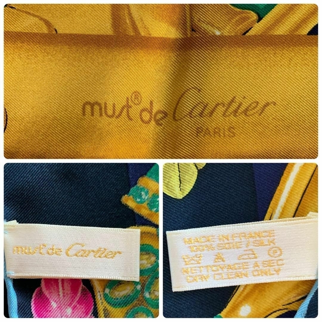 美品 カルティエ Cartier 象モチーフ 宝石 シルクスカーフ ネイビー 美品 カルティエ Cartier 象モチーフ 宝石 シルクスカーフ ネイビー