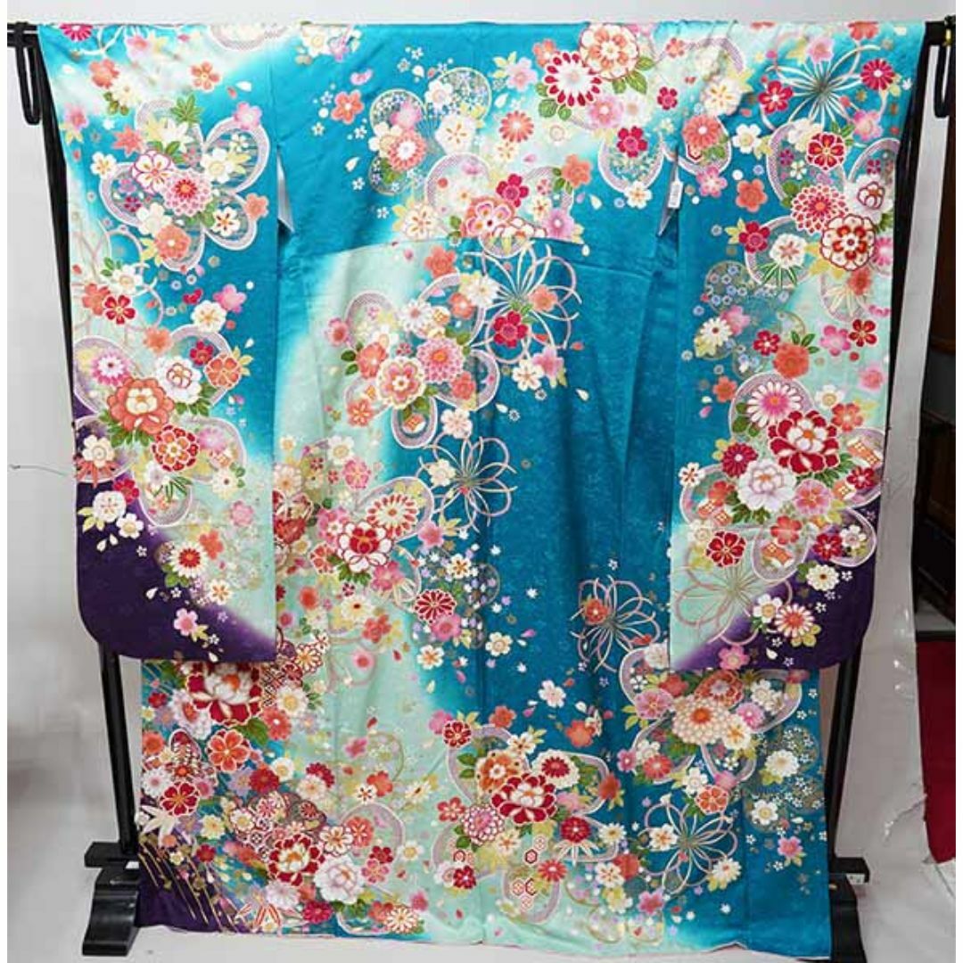 振袖 正絹 着物単品 仕立て上がり 百花繚乱 金刺繍 ターコイズ 振袖 正絹 着物単品 仕立て上がり 百花繚乱 金刺繍 ターコイズ