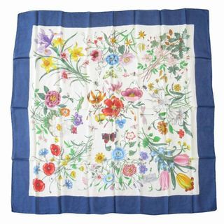 GUCCI - GUCCI グッチ スカーフ ネイビー 花瓶 花 カラフル ロゴ GUCCI - GUCCI グッチ スカーフ ネイビー 花瓶 花 カラフル ロゴ